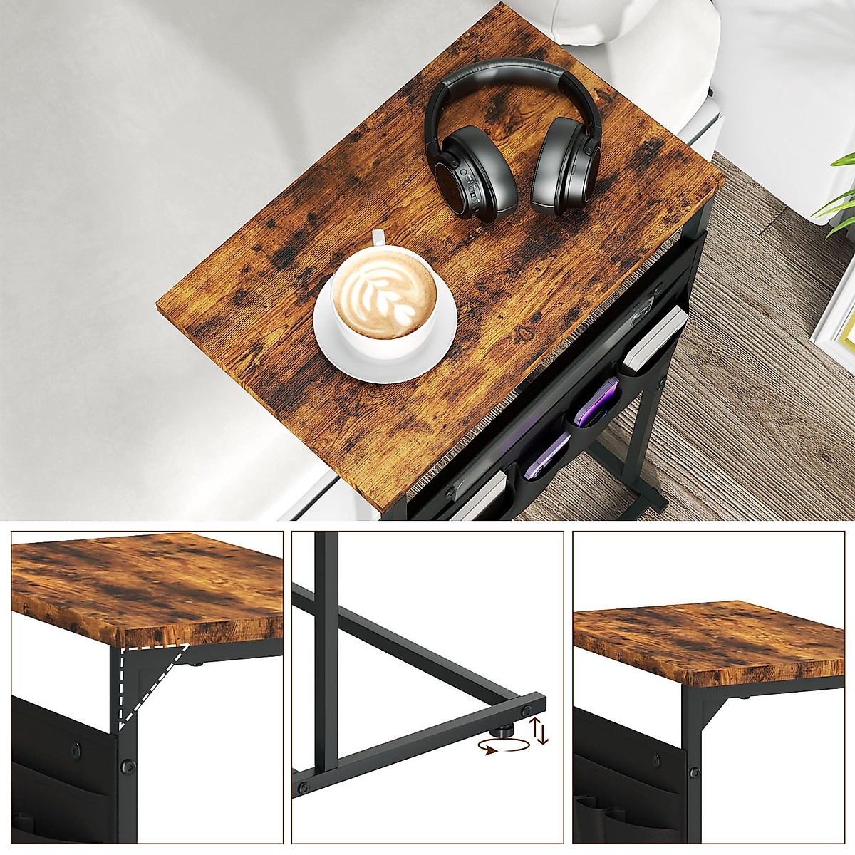 ZERDER C Shaped End Table, Small Side Table with Storage Bag for Couch, Sofa Table with Metal Frame for Living Room and Bedroom Bedside, Rustic Brown ZER-007Br