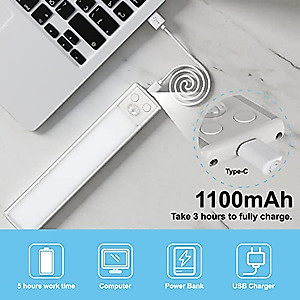 3 Color Led Closet Light, 66-Led Dimmable USB Rechargeable Motion Sensor Magnetic Under Cabinet Lights 1100mAh Battery Operated White Strip Lighting, 20cm/7.8inch