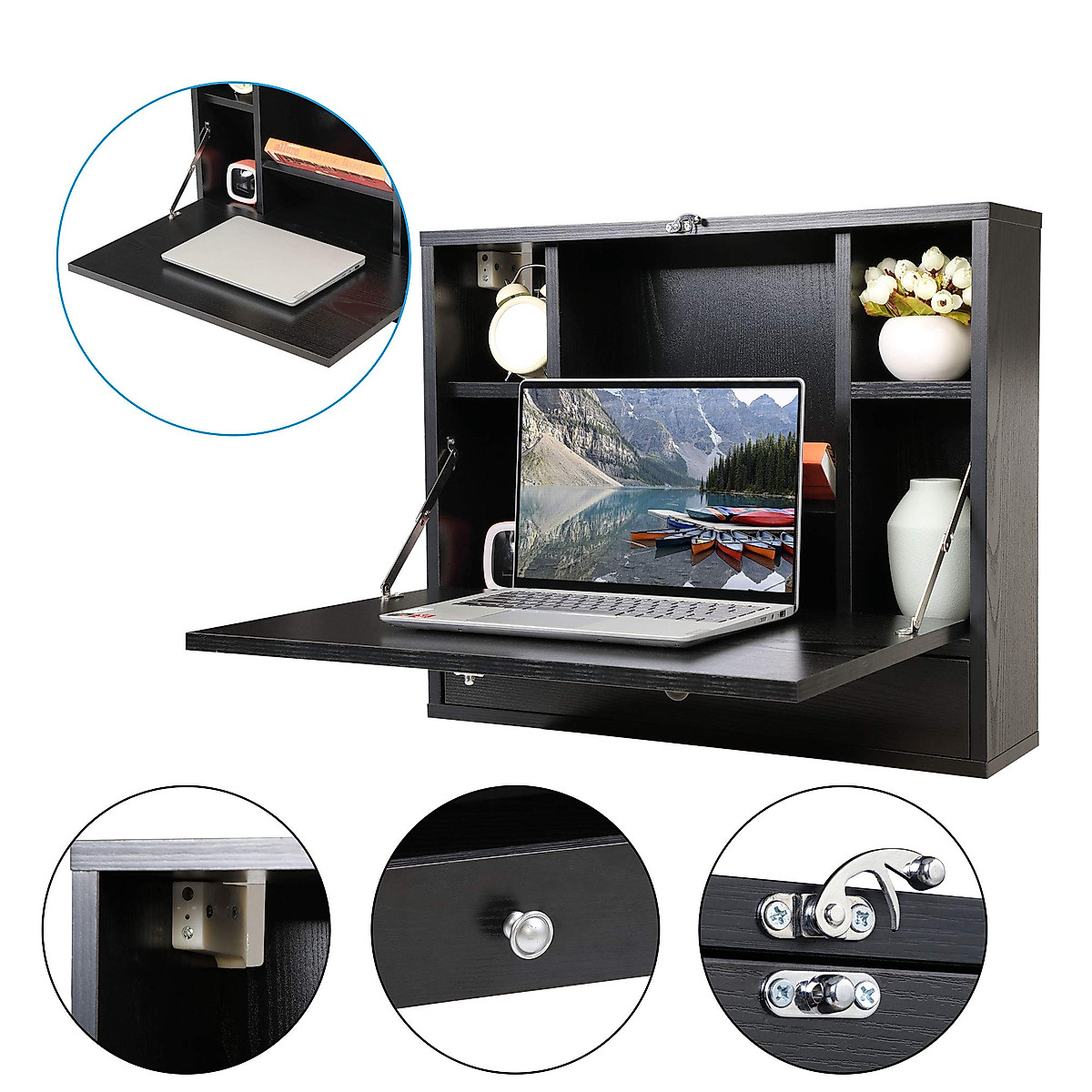 JAXPETY Wooden Wall-Mounted Space-Saving Desk, Fold Out Computer Laptop Desk with Storage Bookcase & Drawer, Convertible Writing Desk for Home Office, Black