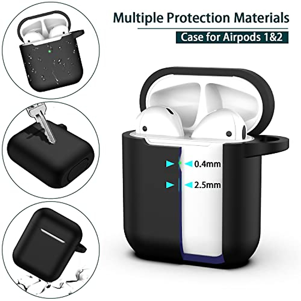 R-fun AirPods 2nd Generation & 1st Generation Case Cover with Cleaner kit and Earbuds Hook Cover (2Pairs),Soft Silicone Protective Case for Apple AirPods- Black