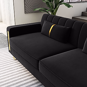 Kadway Modern Velvet Sofa Couch, 86" Large Loveseat Sectional Sofa Couch with Gold Legs for 3-4 Persons, Upholstered Deep Seat Love Seat Sofa Chaise for Living Room Office Apartment Black