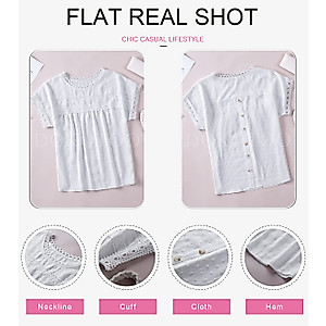 Dokotoo Blouses, Fashion 2025 Summer Crochet Lace Round Neck Short Sleeve Shirts Back Button Down Pom Pom Boho Casual Solid Chiffon Blouse Womens Tops White Large