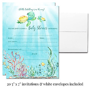 Little Hatchling Cute Sea Turtle Sea Life Baby Shower Party Bundle Includes 20 each of Invitations with Envelopes + 4 Different Sizes of Decorative Stickers, Diaper Tickets & Bring a Book Cards
