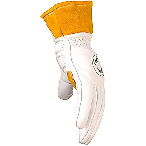 Caiman Premium Goat Grain TIG/MIG Welding Gloves with Wool Insulated Back, Scalloped Cuff, Boarhide Palm, Unlined, Reinforced Thumb, Kevlar, Kontour Design, White/Gold, Medium (1871-4)