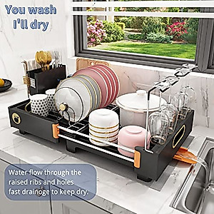 slhsy Expandable Dish Drying Rack, with Swivel Spout Drainboard Set & Extra Drying Mat, Dish Racks with Wine Glass Holder & Utensil Holder, Kitchen Organization Gadgets & Decor, Gifts for Family