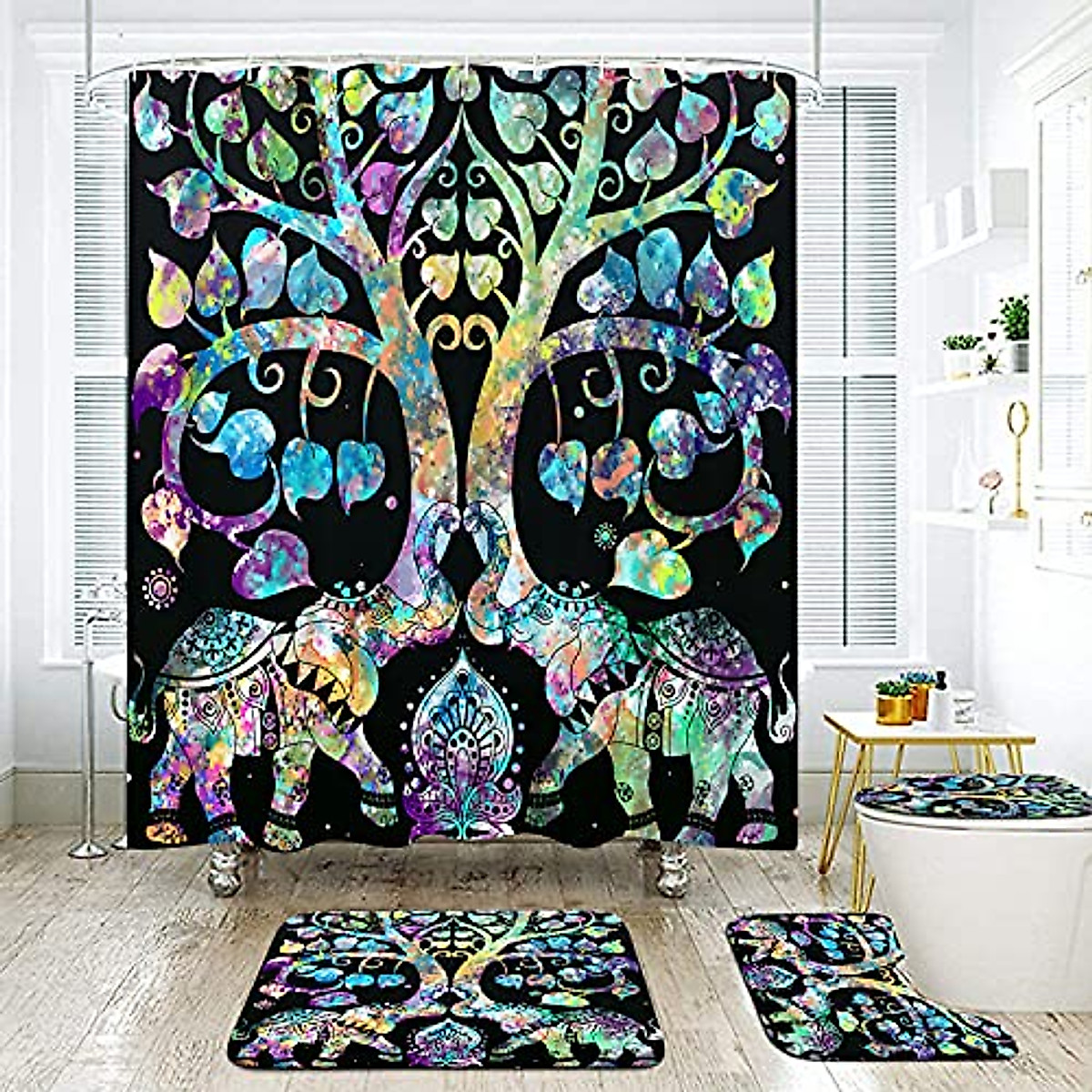 DuoBaorom 4 Pieces Set Boho Elephant Shower Curtain Set Boho Paisley Animal Tree of Life Picture Print on Non-Slip Rugs Toilet Lid Cover Bath Mat and Bathroom Curtain with 12 Hooks 72x72inch