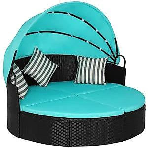 PayLessHere Outdoor Round Daybed Wicker Patio Furniture Outdoor Furniture with Retractable Canopy Rattan Separated Seating Sectional Sofa Washable Cushioned and Three Pillow for Patio Backyard (Blue)