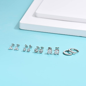 925 Sterling Silver Women's Stud Earrings Set, Hypoallergenic Cubic Zirconia Studs Cartilage Helix Earrings, 5 Pairs Different Sizes Silver Hoop Earring Stud Sets for Multiple Piercing Her Gifts