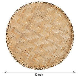 Suwimut 3 Pieces Handmade Bamboo Woven Basket Tray, 13 Inch Flat Wicker Round Fruit Basket Woven Food Storage Shallow Tray Decorative Serving Tray Wall Hanging Baskets for Breakfast, Snacks (Beige)