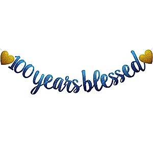 100 Years Blessed Banner, Pre-Strung, Blue Glitter Paper Garlands for 100th Birthday / Wedding Anniversary Party Decorations Supplies, No Assembly Required,(Blue)SUNbetterland