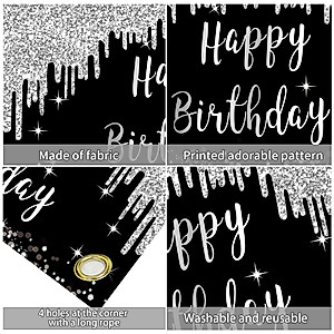Black White Silver Happy Birthday Banner Decorations for Women Girls, Black Silver Happy Birthday Backdrop Sign Party Supplies, 16th 21st 30th 40th 50th 60th 70th Birthday Poster Background Decor