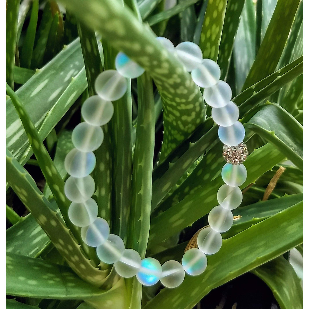 Hope Inspired Mystic Mermaid Glass Friendship Bracelet with 8 mm Frosted White Glowing Moonstone Beads