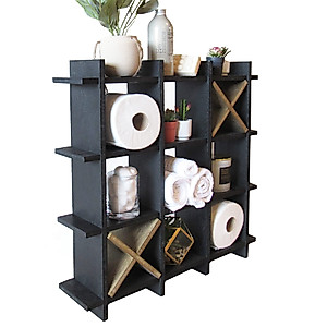 Large Black Tic Tac Toe Toilet Paper Holder Stand | Design Freestanding Bathroom Tissue Roll Storage Organizer | Wooden Bathroom Organizer | Over The Toilet Bathroom Storage Cabinet Wall Mounted