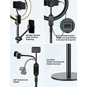 viozon Overhead Live Stand with 12" LED Ring Light, Outer 24W 6500K, Two Cellphone Holders Compatible with 3.5-6.7" Cellphones, Adjustable Height&Angle, Aluminum Alloy, for Live Stream/YouTube/TikTok