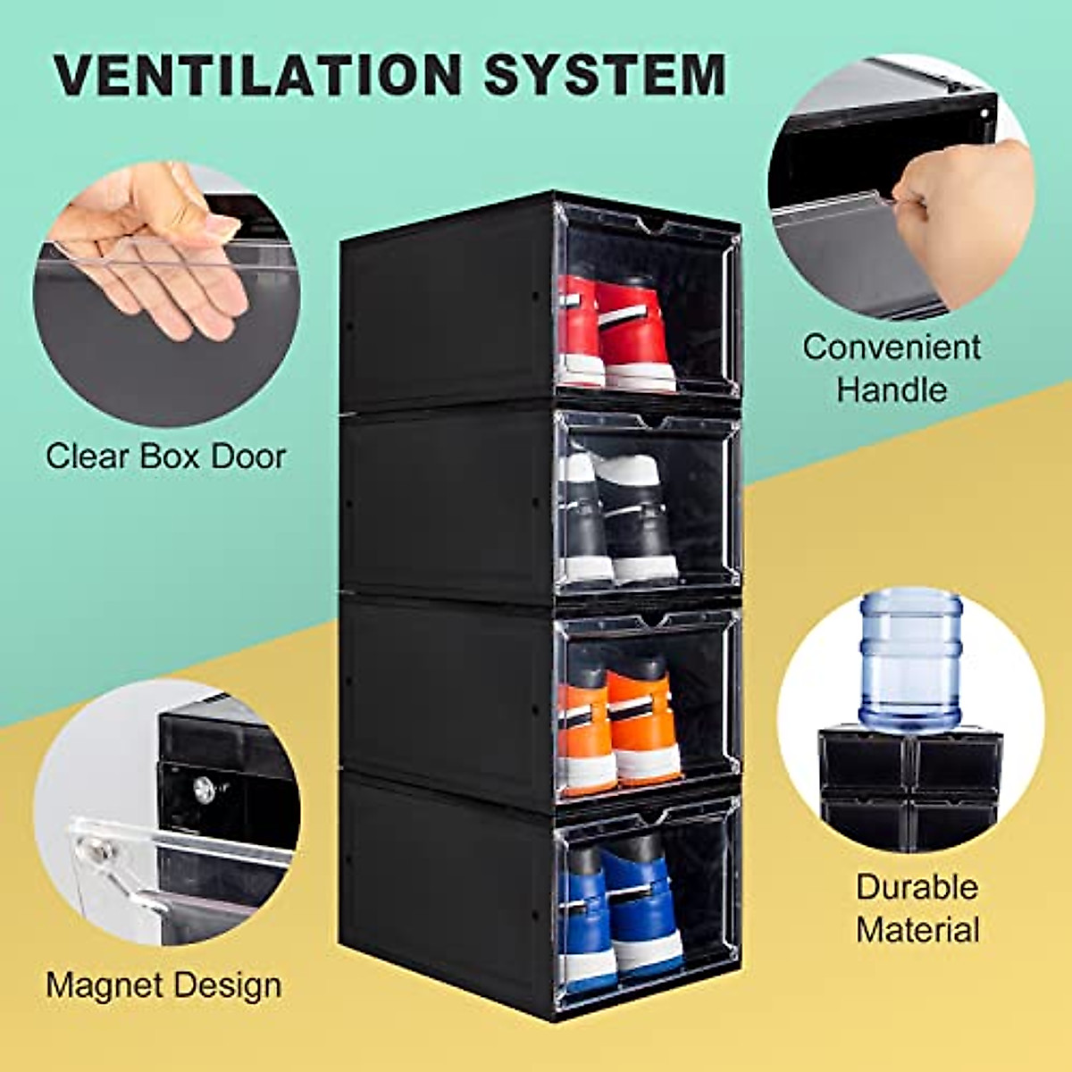 HIYOHIYO 4 Pack Drop Front Shoe Box, Shoe Boxes Stackable Sneaker Containers Magnetic Box Drop Front Shoe Organizer Shoes Cases Display Bins for Living Room Fit up to Size 12 (13.4x 9.8x 7.1) (Black)