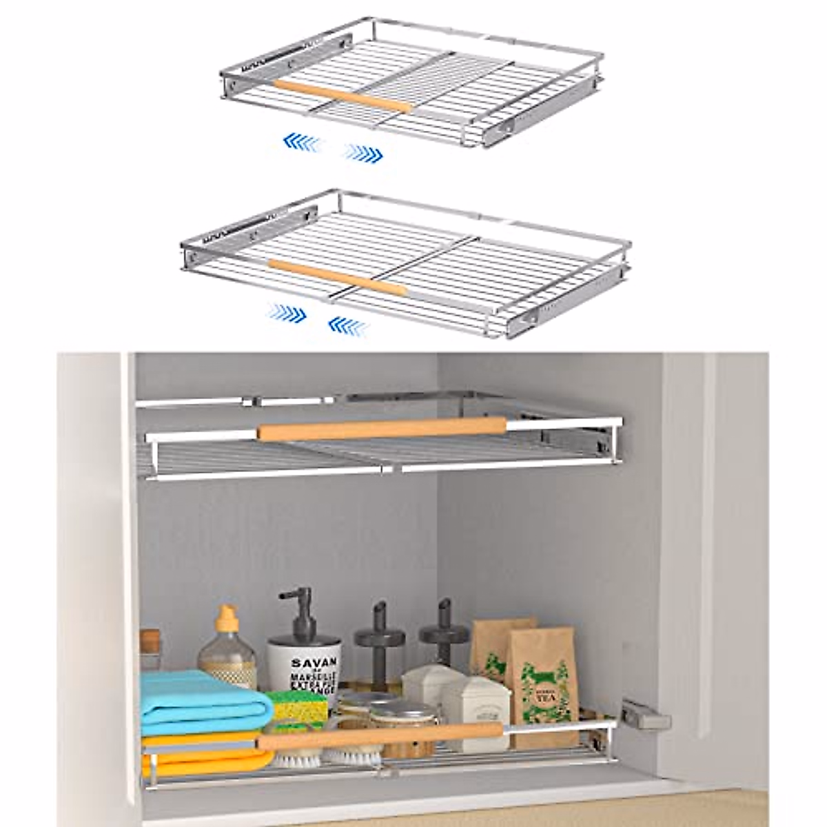 2Pack Expandable Pull Out Drawers for Kitchen Cabinets, Heavy Duty Cabinet Pull Out Shelves, 16.3~26.3"W x 17"D Adjustable Width Pull Out Cabinet Organizer for Home Kitchen Pantry Cupboard (2Pack)