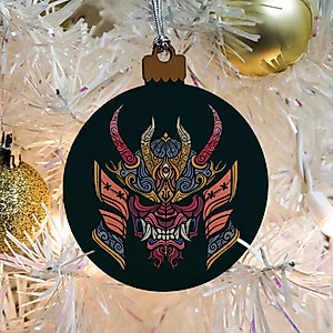 Samurai Warrior Japanese Demon Oni Mask Wood Christmas Tree Holiday Ornament
