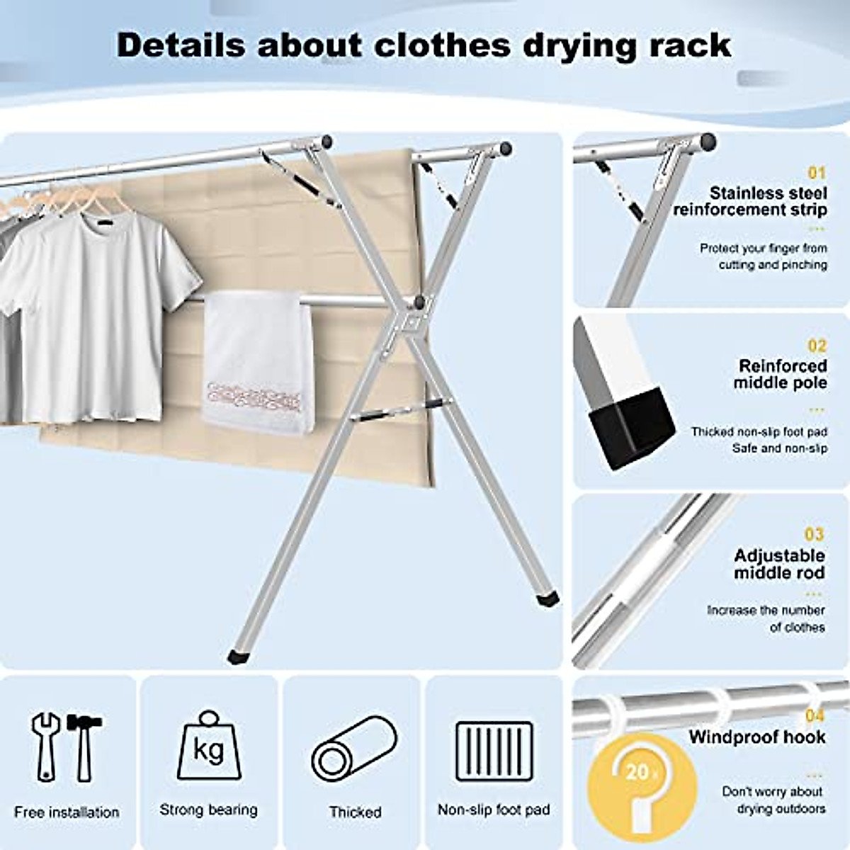 Sillars Clothes Drying Rack, 79 inches Laundry Drying Rack Clothing Foldable & Collapsible Stainless Steel Heavy Duty Clothing Drying Rack with Windproof Hooks for Indoor Outdoor