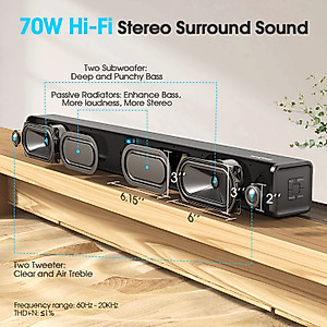 W-KING 70W Wireless Sound Bars for TV with Subwoofer (Bulit-in), 35.4" TV Speakers Sound Bar with Bluetooth/HDMI-ARC/Optical/Coaxial/AUX/RCA/USB Drive, Surround Sound Home Soundbar with SUB Out/3-EQ