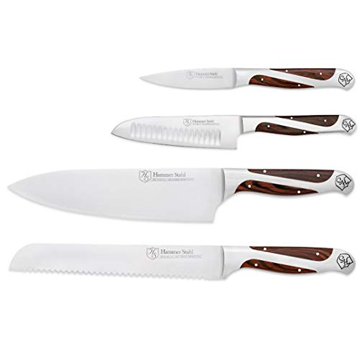Hammer Stahl 4 Piece Knife Set - Chef Essential Kitchen Knives with Bread, Chef, Santoku, and Paring Knives in Padded Foam Box - German High Carbon Stainless Steel