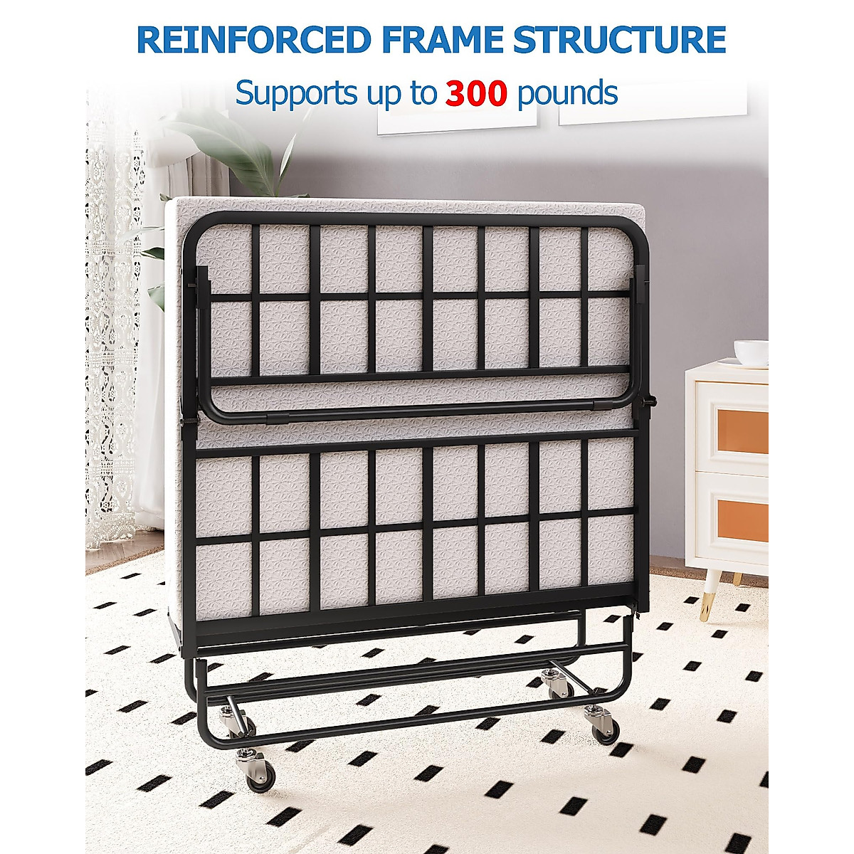 Ferlizer Folding Bed with Mattress for Adults, [Twin] Rollaway Bed with Mattress - 4" Memory Foam & Sturdy Metal Structure - 75" x 38", Black