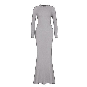 REORIA Women's Fall Sexy Casual Crew Neck Lounge Long Dress Formal Wedding Guest Long Sleeve Ribbed Bodycon Maxi Dresses Light Grey Large