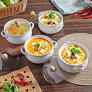 ALELION Small French Onion Soup Bowls, 18 OZ Soup Crocks with Double Handles and Glass Lids, Oven Safe Soup Bowls for Stew Chili Cheese Pot Pie Casseroles, Housewarming Gifts, Set of 4, White