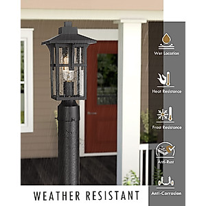 Exterior Post Light, HWH Outdoor Pole Lantern Pillar Light Fixture with Seeded Glass Shade, Matte Black Finish, 5HX62P BK