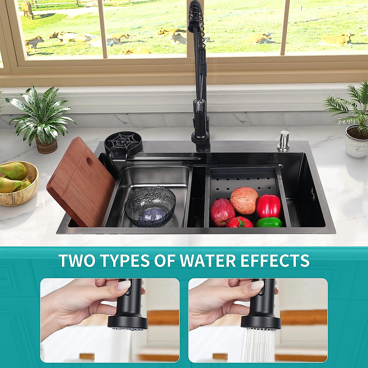 29.5 * 17.7 inch Kitchen Sink, Single Bowl Stainless Steel Sink Multifunctional Drop In Sink with Pull-Down Faucet and Multiple Accessories (black grey, 29.5 * 17.7 inch)