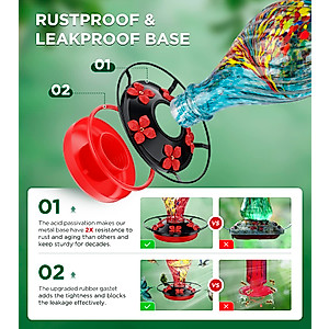 KONIZY Hummingbird Feeders for Outdoors Hanging, Hand Blown Glass Hummingbird Feeder with Attractive Spiral Pattern for Garden Decor, 30 OZ Leakproof Humming Bird Feeder with Rustproof Base