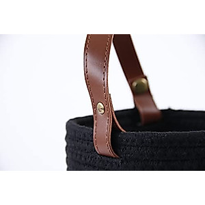 JJSQYLAN Hanging Basket(2Piece) Wall Woven Cotton Rope Storage Basket with Leather Decorative Baskets Organizer for Kitchen Office Bedroom,Plants,Towels, Toys