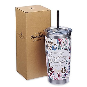 Christian Art Gifts Large Travel Tumbler for Women Stainless Steel Vacuum Insulated Inspirational Scripture: Everything Beautiful, Lid, Straw, White & Pink Floral, 18 oz.