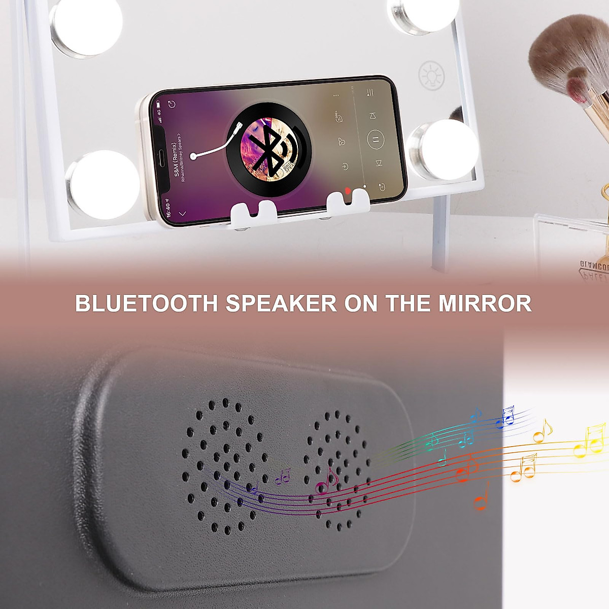 Fenair Lighted Vanity Mirror with Lights Speaker and Wireless Charging,Makeup Mirror with Lights and 10X Magnification Hollywood Mirror with 9 Dimmable LED Bulbs(White)