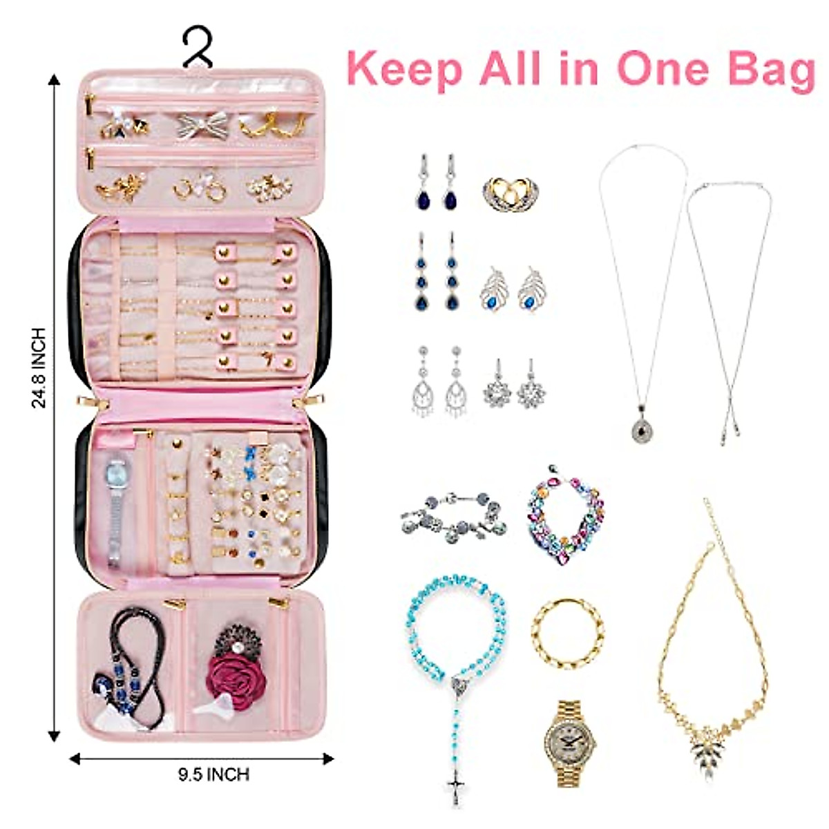 MATEIN Jewelry Travel Organizer, Tangle Free Necklace Storage Bag for Women Hanging Travel Case with Handle for Jewelry Accessories Faux Leather Clutch Bag for Earrings, Rings, Bracelets, Black