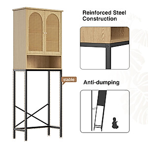 Rattan Over The Toilet Cabinet with Metal Stand, Over The Toilet Rack Cabinet with Adjustable Shelf, Bathroom Organizer with Storage, Tall Boho standing Wood Washer Shelf, Curved Cupboard, Natural