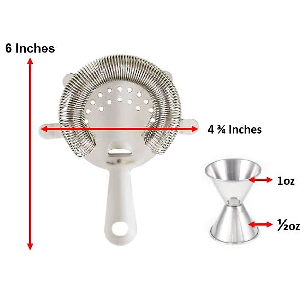 Mnixy STR-4-PRO 4 Prong Strainer with Tight Coil and Double Sided Jigger Cocktail, Stainless Steel, Silver