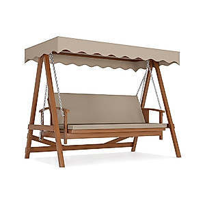 Kybolt Wooden Patio Swing with Adjustable Canopy,3-Seater Wood Patio Swing Bench Bed with Removable Cushion,Patio Swing Glider with Flatbed for Backyard Garden Balcony Poolside