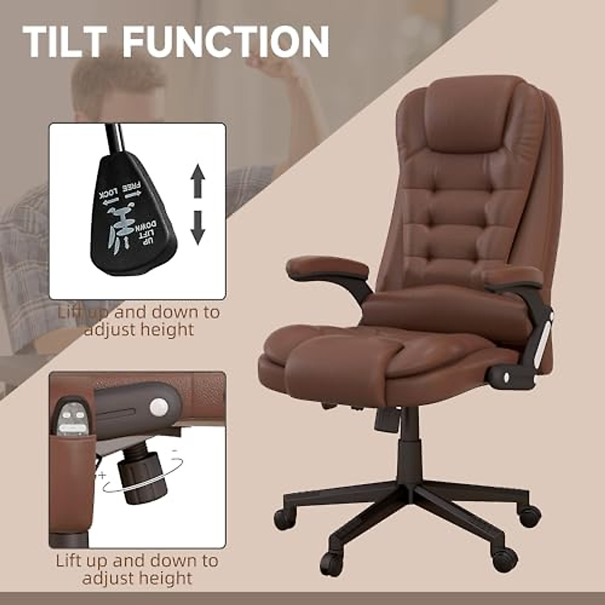 HOMCOM High Back Vibration Massage Office Chair with 6 Vibration Points, Heated Reclining PU Leather Computer Chair with Armrest and Remote, Brown