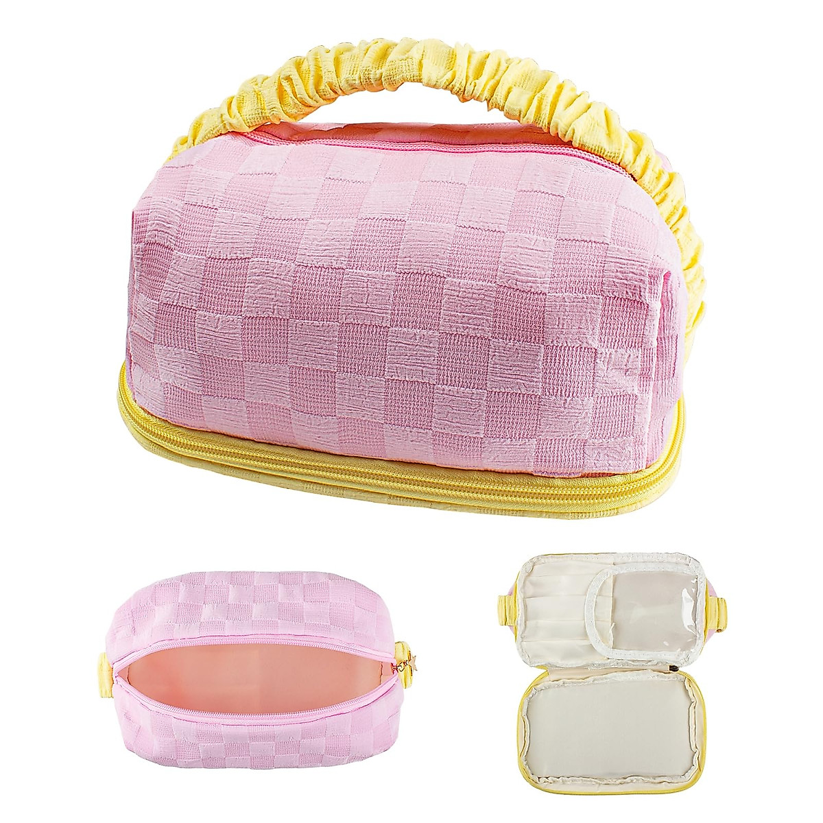 POWERWOO Travel Makeup Bag for Women, Double Layer Cosmetic Bag Organizer Brush bag with upgrade Zipper, Aesthetic Design Ladies Bag, Pink Toiletry Bag as Wedding and Happy New year gift bags