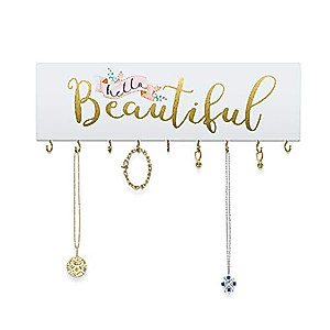 SANY DAYO HOME Hello Beautiful Wall Mount Necklace Holder Organizer with 9 Jewelry Hooks for Ring, Hair Bow, Headband, Purse - Wall Decor for Girls Room