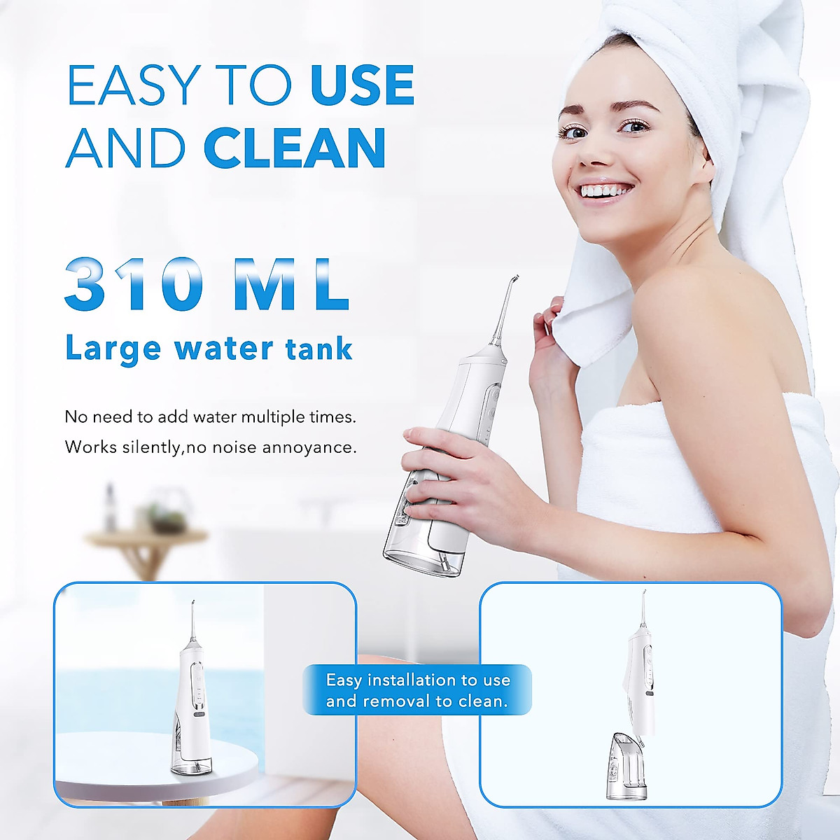 BEBEN Water Electric Flosser Picks for Teeth Cleaning, 4 Modes Water Flossers Cordless for Teeth, IPX7 Portable and Rechargeable Dental Floss and picks, 310ml Dental Oral Irrigator for Home and Travel