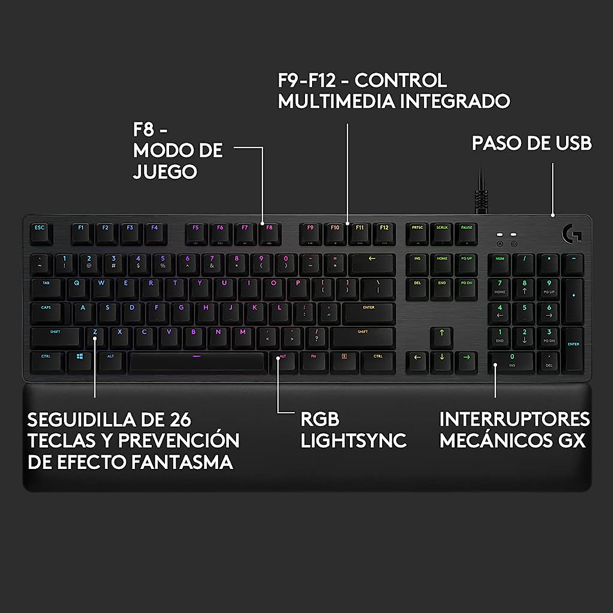 Logitech G513 Lightsync RGB Mechanical Gaming Keyboard - Cable Connectivity - USB 2.0 Type A Interface - English - Windows - Mechanical Keyswitch - Carbon (Renewed)
