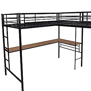 L Shaped Metal Loft Bed with Desk, Modern Style Heavy-Duty Steel Frame Twin Loft Bed with Safety Rail, Built-in Ladder for Bedroom, Dorm, Boys, Girls, Adults (Twin Size, Black)