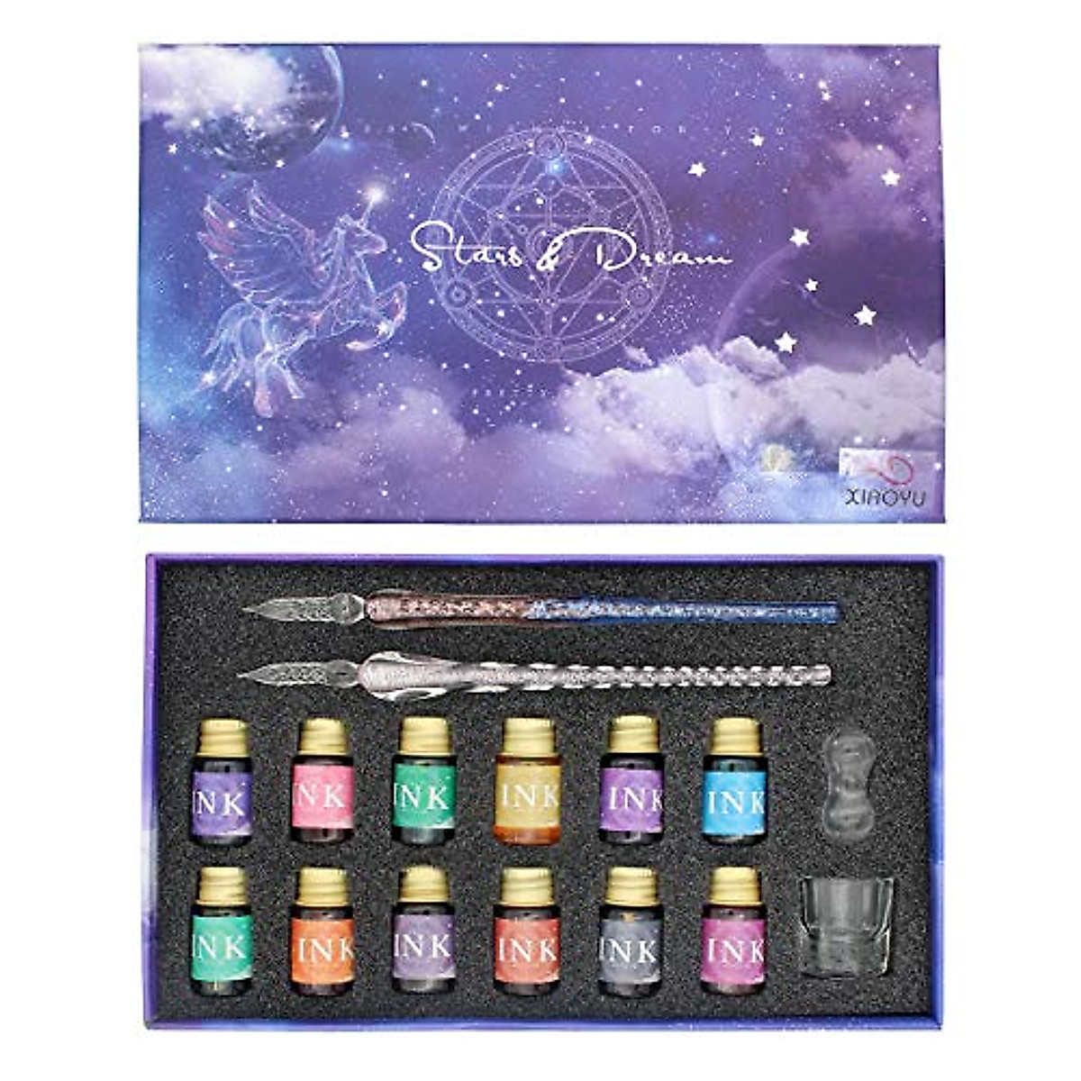 XIAOYU Glass Dip Pen Set, 16 Pieces Calligraphy Pen Set Includes 2 Crystal Glass Pens, 12 Colors Ink, Cleaning Cup, Pen Holder, Pink