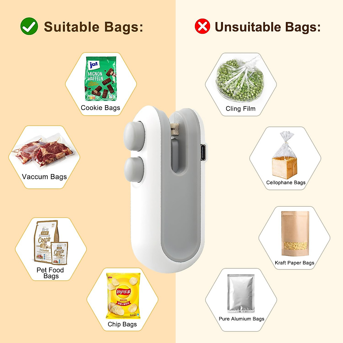 Mini Bag Sealer,2 in 1 USB Rechargeable Chip Bag Sealer Heat Seal Tool,Portable Handheld Vacuum Food Sealer Bag Sealing Machine for Snacks Chips Fresh Storage Snack Bags(White+Blue)
