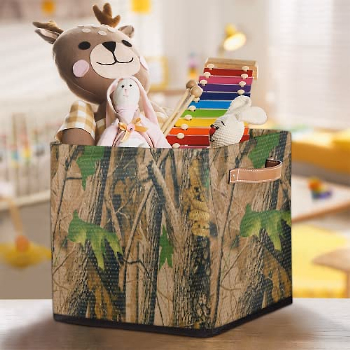 Forest Leaves Camouflage Camo 13x13x13 Inch Large Fabric Storage Cubes, Collapsible Cube Storage Bins Organizer Boxes with Leather Handles Cube Baskets for Organizing Closet Shelves