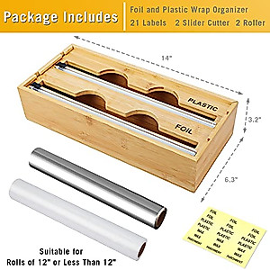 Wizsofer 2 in 1 Foil and Plastic Wrap Organizer, Bamboo Plastic Wrap Dispenser with Cutter and Labels, Plastic Wrap, Wax Paper, Aluminum Foil Organization and Storage for Drawer, Fits with 12" Roll