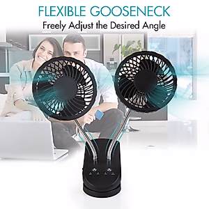 ASKPULION Portable Clip on Fan, Dual Heads Battery Operated Fan, 4000mAh Rechargeable Desk Fan with Flexible Gooseneck for Travel Camping RV Home Office