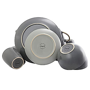 Elama Round Stoneware Grand Collection Dinnerware Dish Set, 16 Piece, Assorted Solid Gray