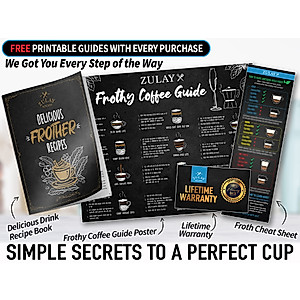 Zulay Kitchen Premium Gift Milk Frother Complete Set - Handheld Foam Maker, Stencils & Frothing Pitcher Set - Whisk Drink Mixer for Coffee - Mini Blender for Cappuccino, Frappe - Black